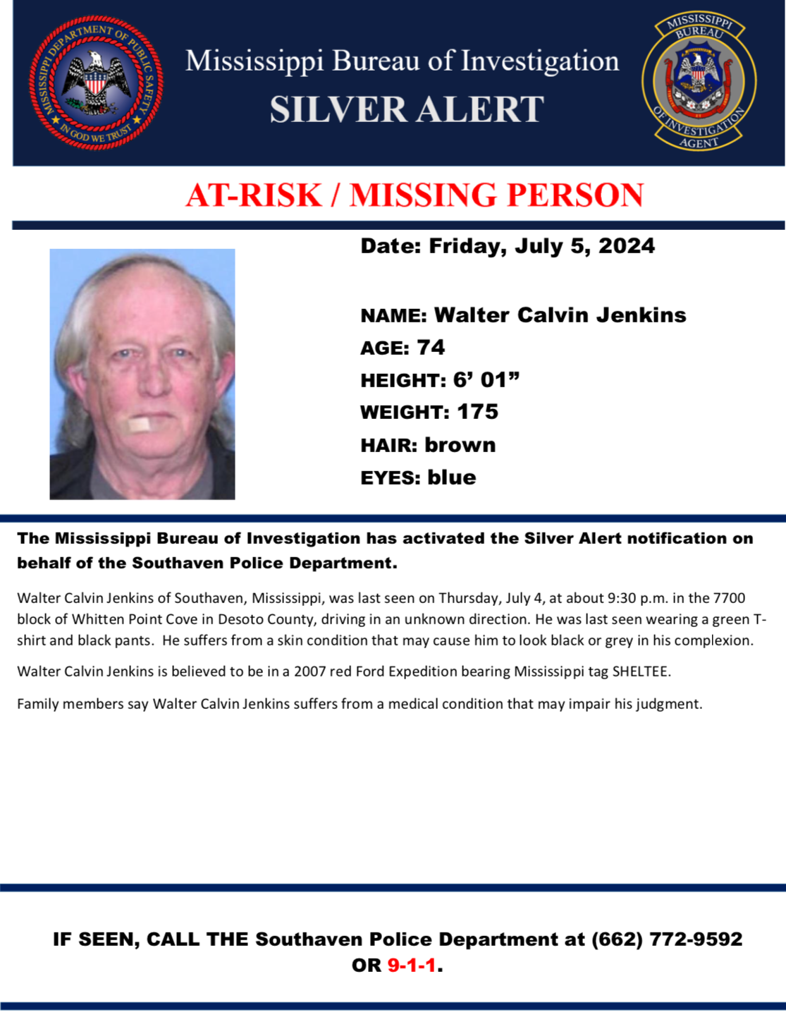 Silver Alert for Walter Calvin Jenkins – canceled - MageeNews.com