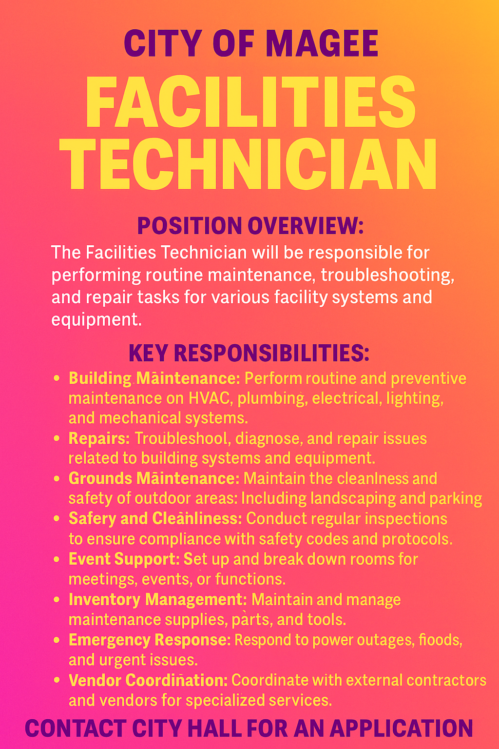 CITY OF MAGEE Taking Applications for Facilities Technician - MageeNews.com