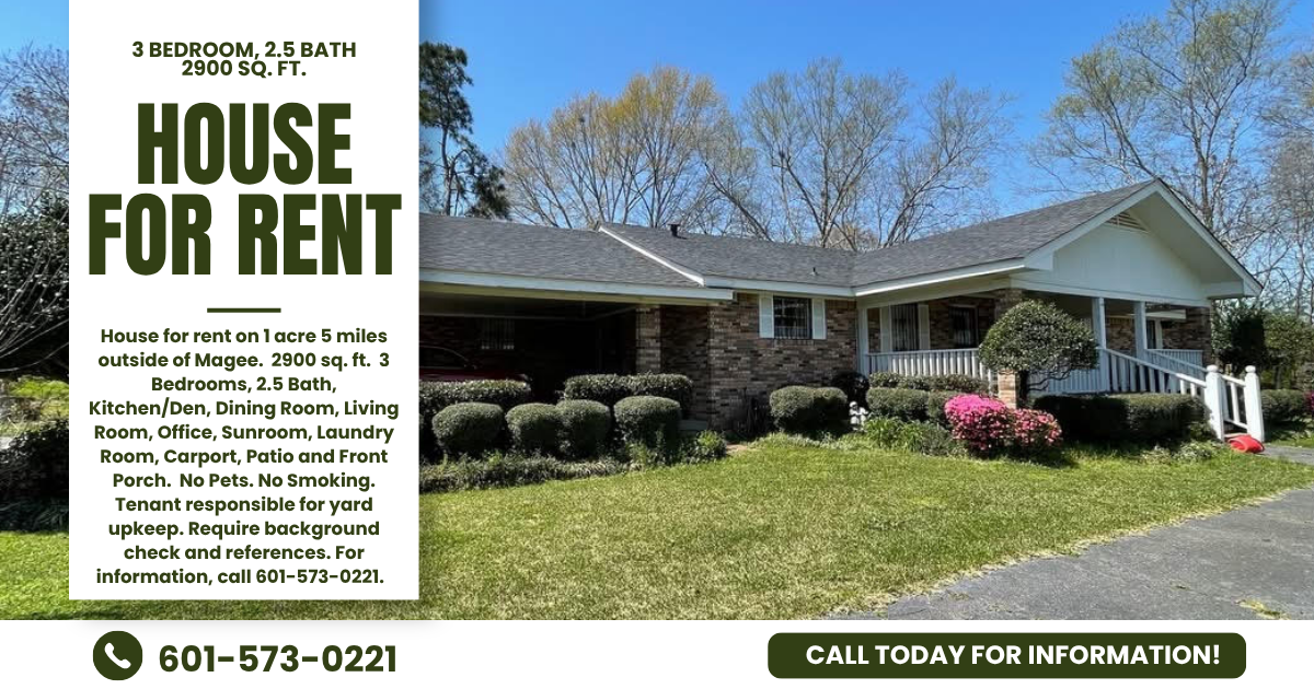 3 Bed, 2.5 Bath House for Rent on 1 Acre 5 miles Outside of Magee ...